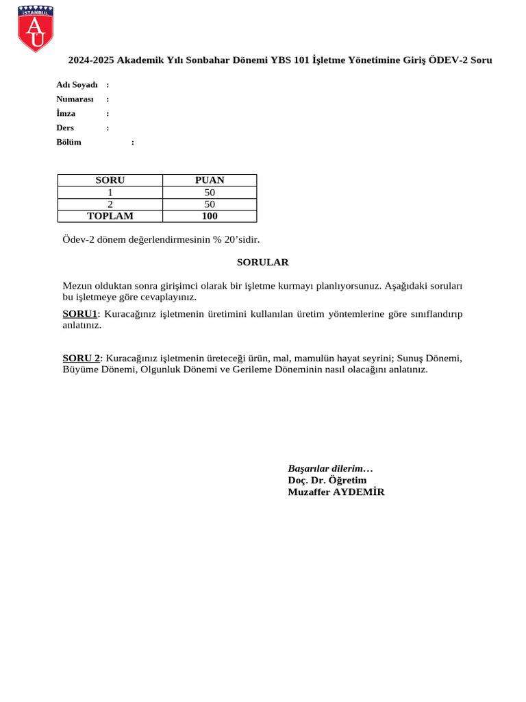 Ybs 101 Ödev-2-Soru | PDF