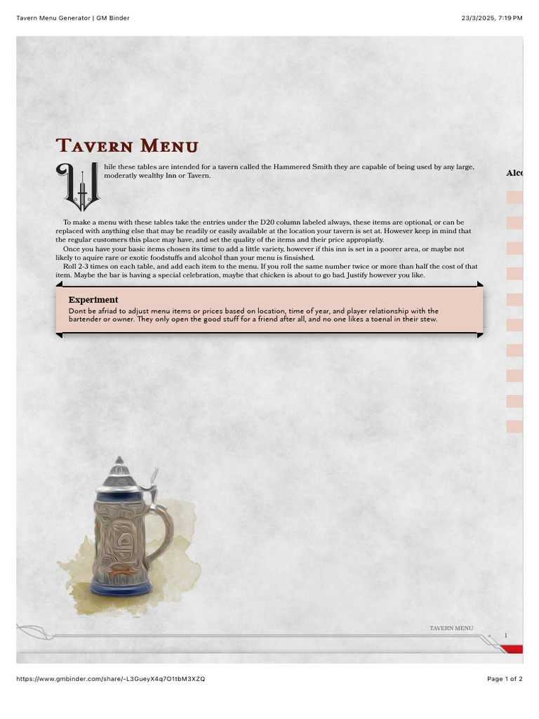 Tavern Menu Generator for RPGs | PDF | Sausage | Roasting