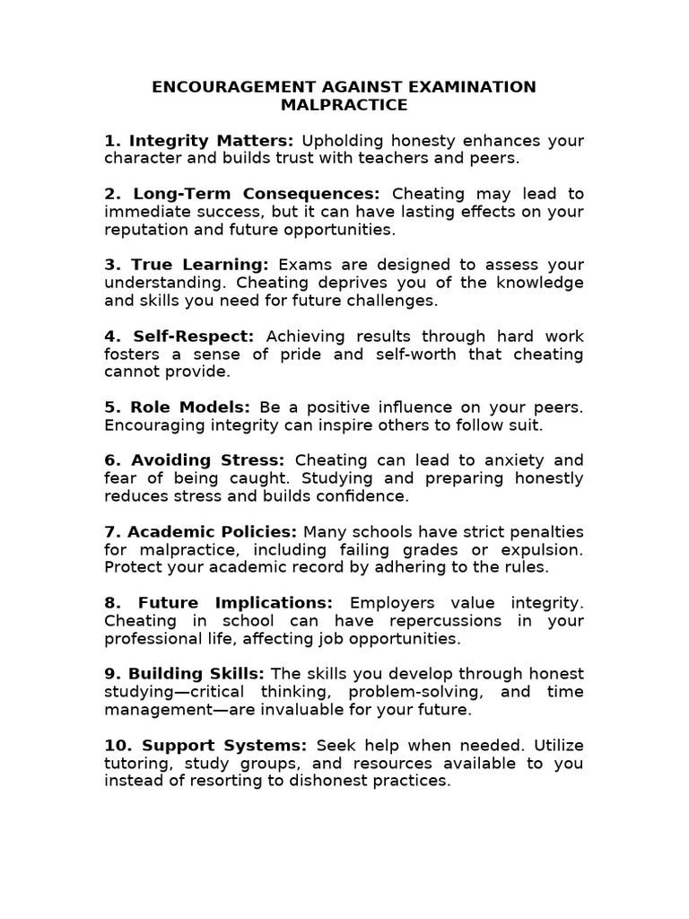ENCOURAGEMENT AGAINST EXAMINATION MALPRACTICE | PDF