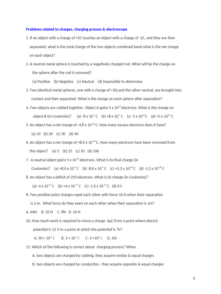 10th Worksheet On Electrostatic & Electric Current | PDF | Electric ...