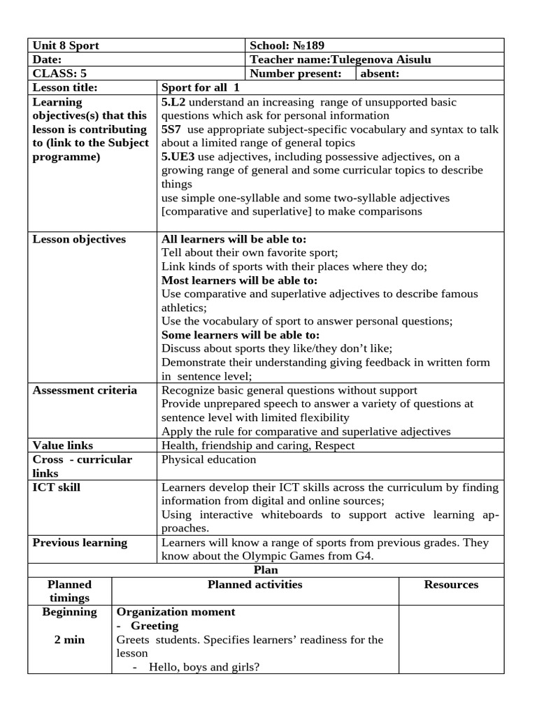 Lesson Plan Sport for All 5 Grade | PDF | Learning | Educational Technology