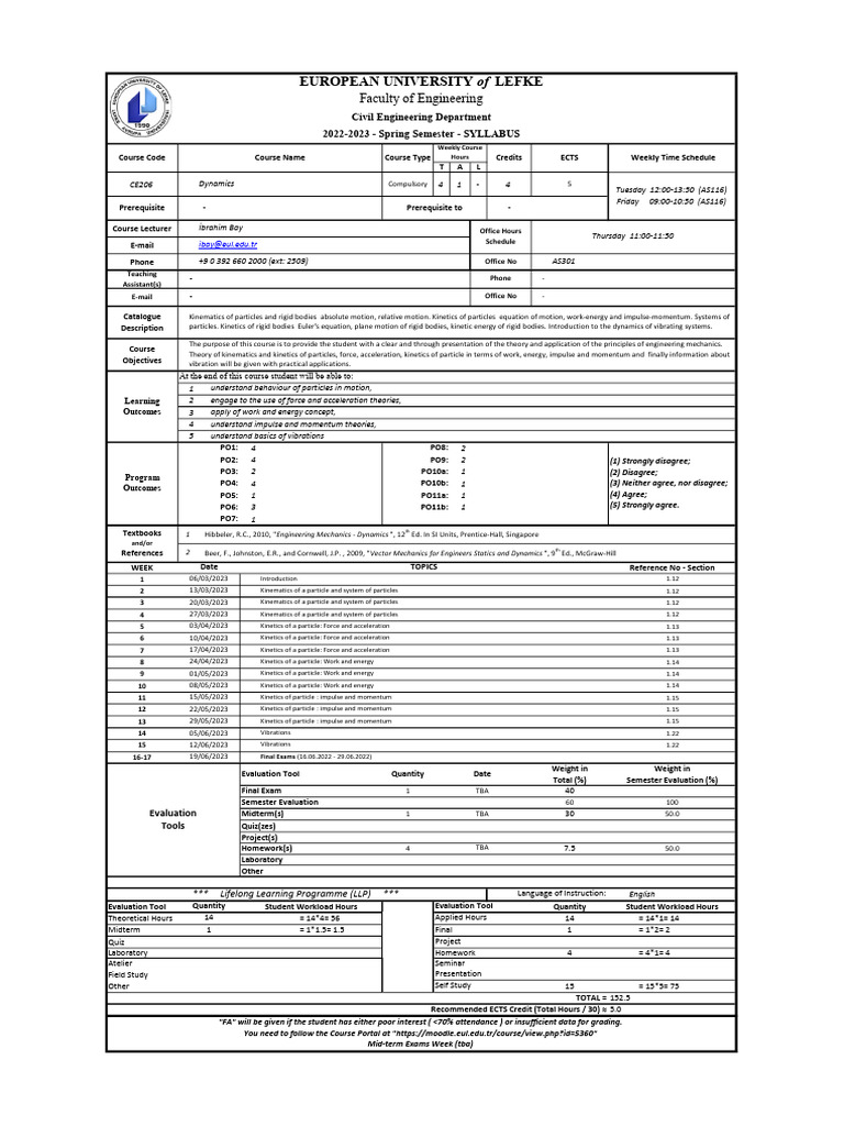2022-2023 - Spring - CE206 - Syllabus.v1 | PDF | Classical Mechanics | Force
