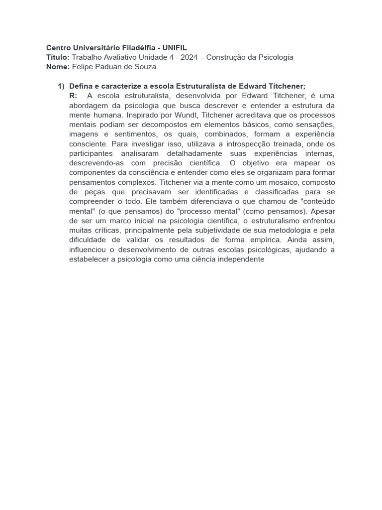 Estruturalismo de Titchener na Psicologia | PDF