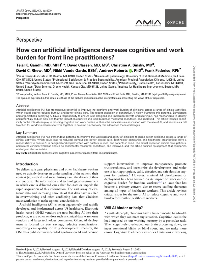 How can artificial intelligence decrease cognitive and work burden for front line practitioners ...