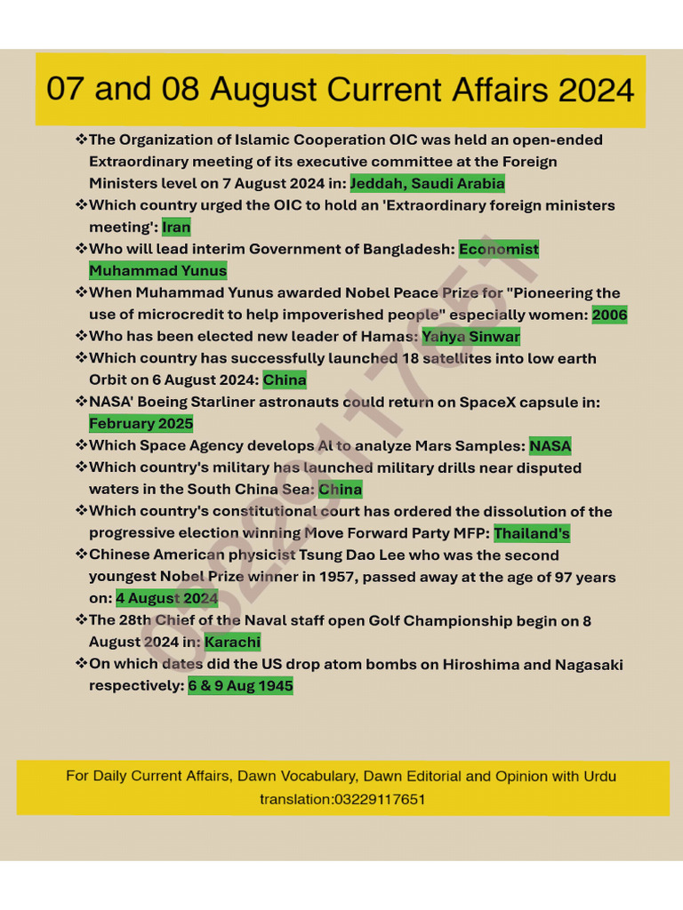 07 and 08 August Current Affairs 2024 | PDF