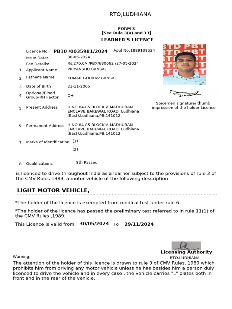 Learner'S Licence PB10 /0035981/2024: Rto, Ludhiana | PDF | Vehicles ...