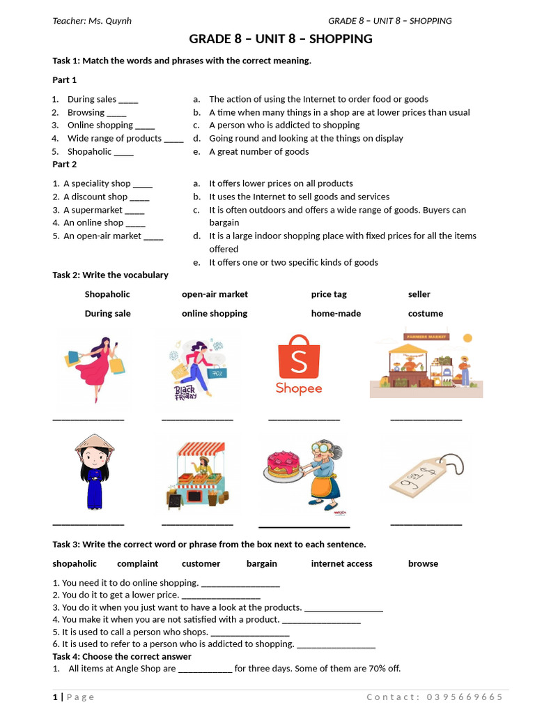 Grade 8 - Unit 8 - Shopping | PDF | Convenience Store | Retailing