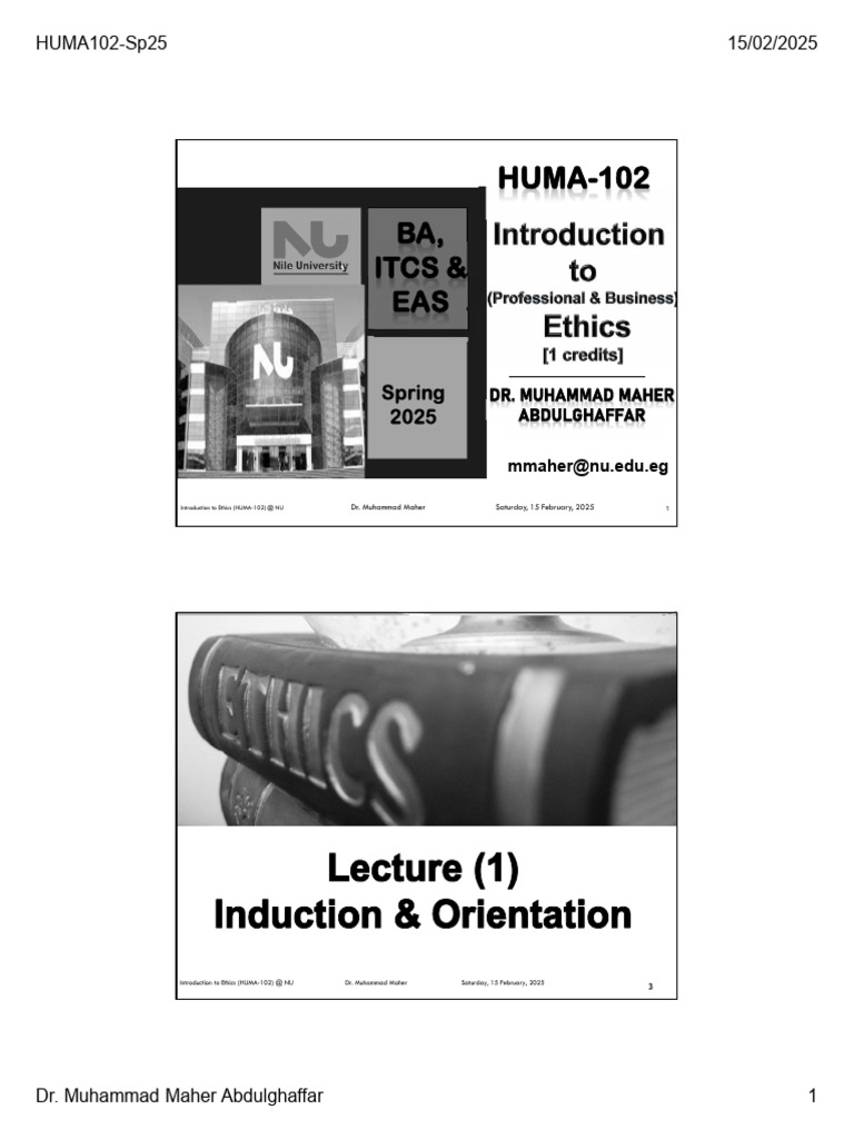 Handout 1 - Lecture 1 - HUMA102 Sp25 | PDF | Business Ethics | Behavioural Sciences