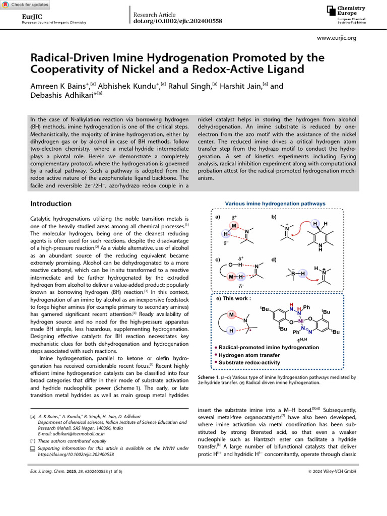 Eur J Inorg Chem - 2024 - Bains - Radical Driven Imine Hydrogenation Promoted by The ...