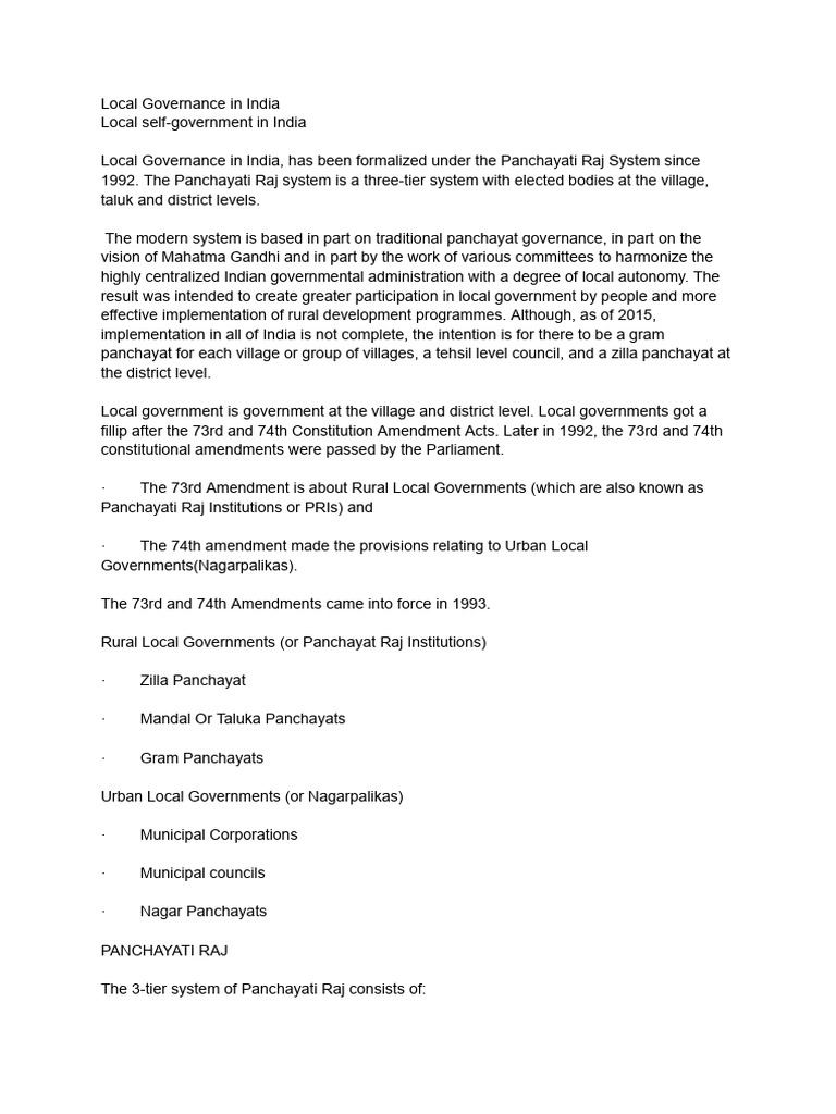 Local Governance Structure in India | PDF | Government Of India ...