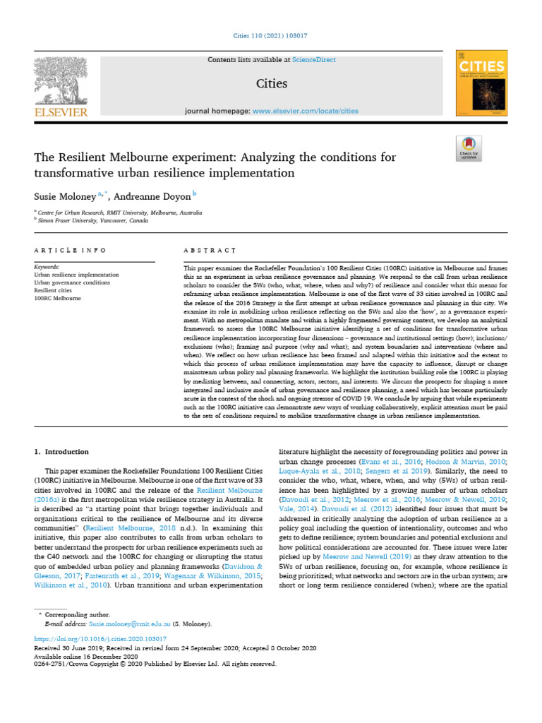 The Resilient Melbourne Experiment | PDF | Governance | Ecological ...