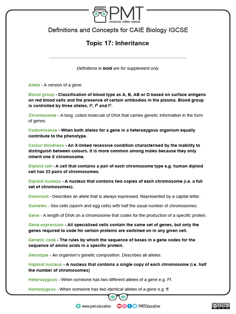 Definitions - Topic 17 Inheritance - CAIE Biology IGCSE | PDF | Genetics | Dominance (Genetics)