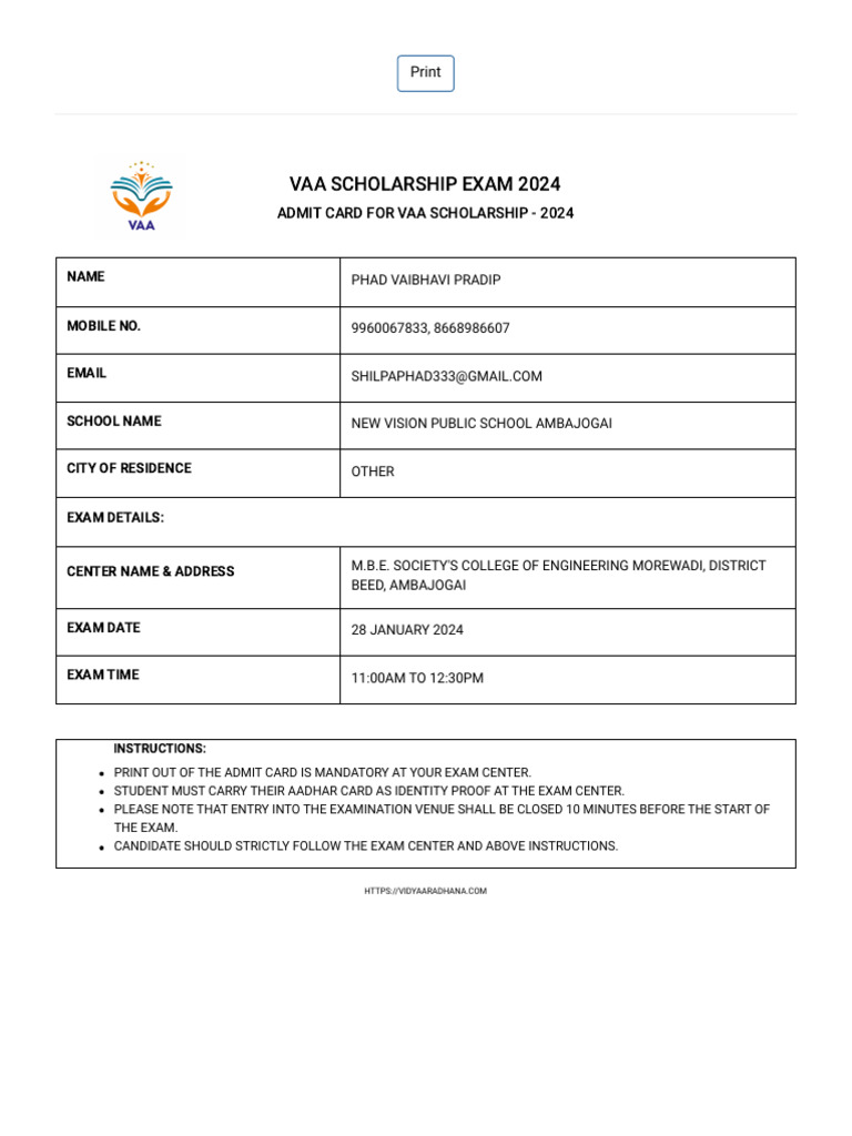 VAA Scholarship Exam 2024 Admit Card | PDF