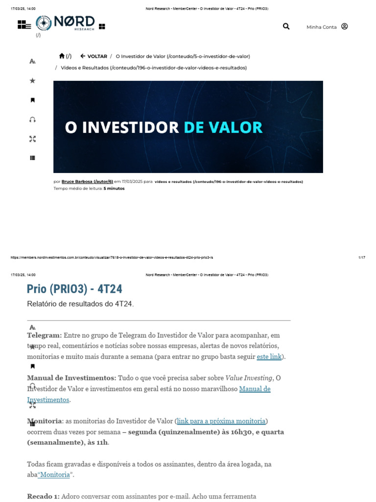 Nord Research - MemberCenter - O Investidor de Valor - 4T24 - Prio (PRIO3) | PDF | Investimentos ...