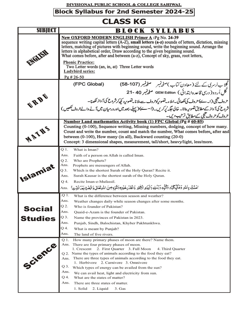 KG Block Syllabus 2ND Semester 2024-25 | PDF | Old Mac Donald Had A ...