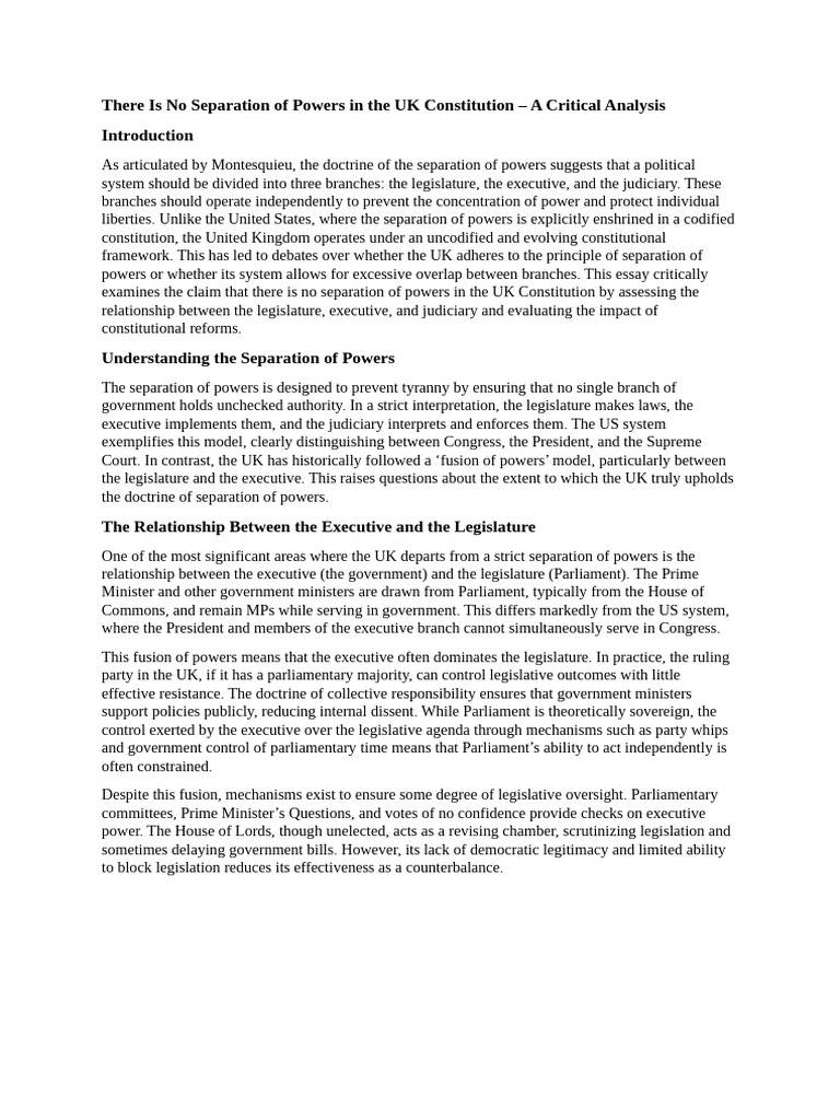 UK Constitution: No Separation of Powers | PDF | Separation Of Powers ...