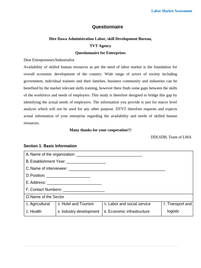 Labour Market Assessment Questionnaire | PDF | Workforce | Employment