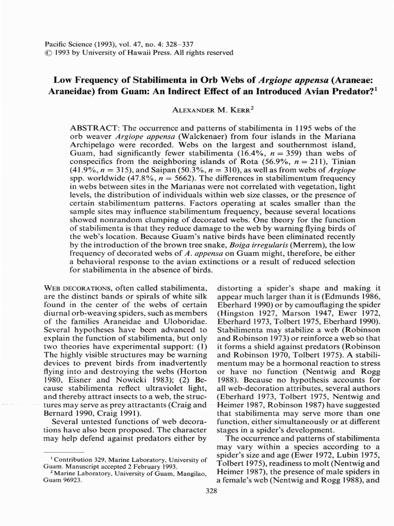 Stabilimenta Frequency in Guam Spiders | PDF | Spider | Zoology