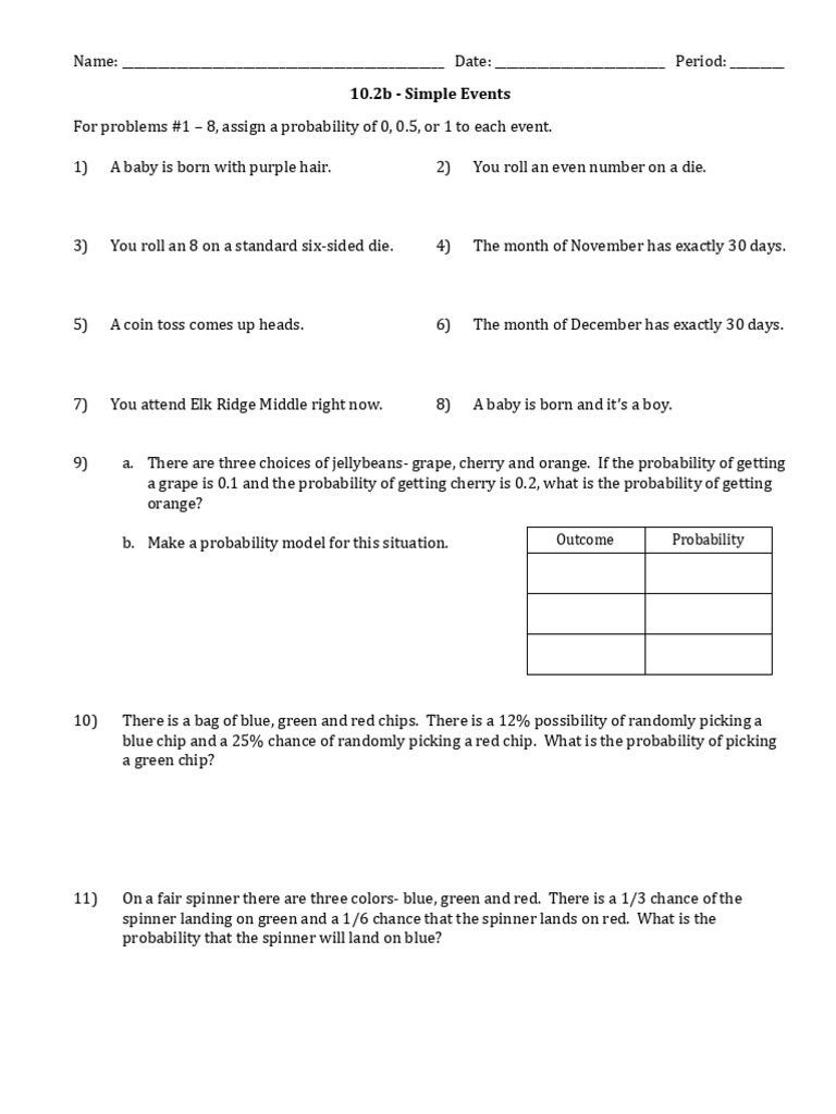 10.2b WKSHT Simple Events | PDF | Probability | Probability Theory