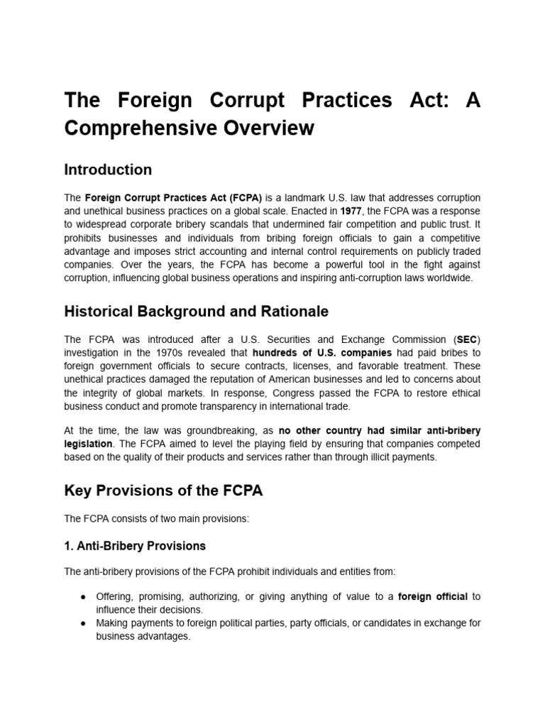 The Foreign Corrupt Practices Act - A Comprehensive Overview | PDF ...