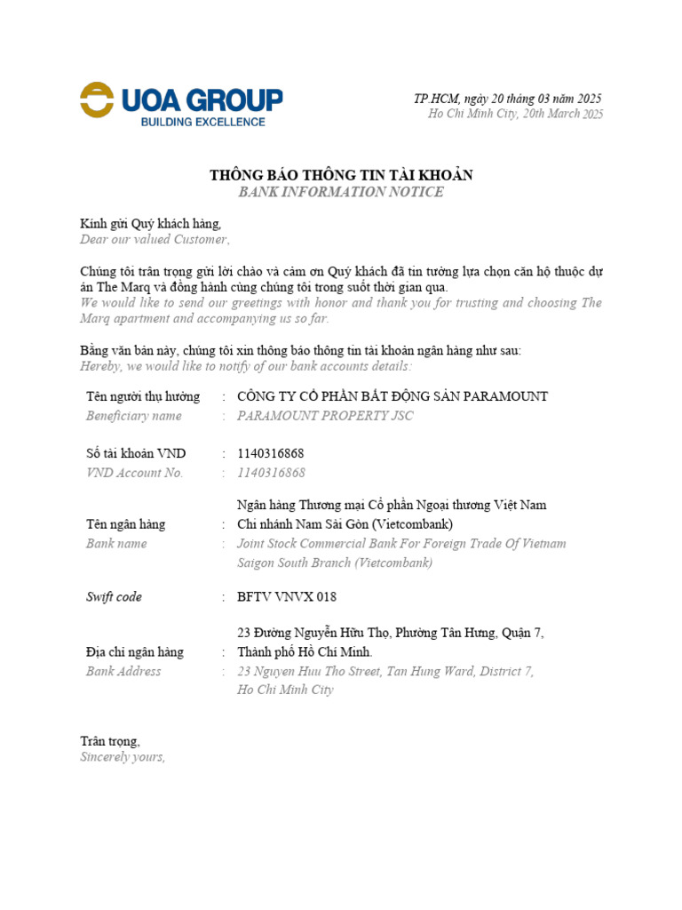 (The Marq) - Bank Account Announcement | PDF
