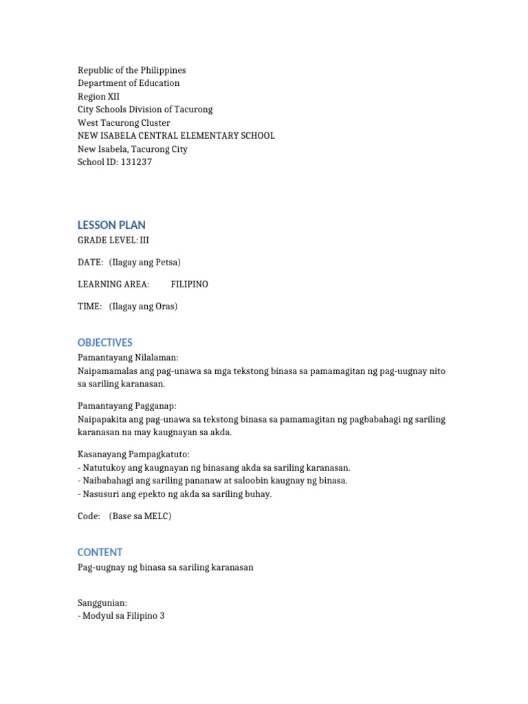 Lesson Plan Filipino 3 | PDF