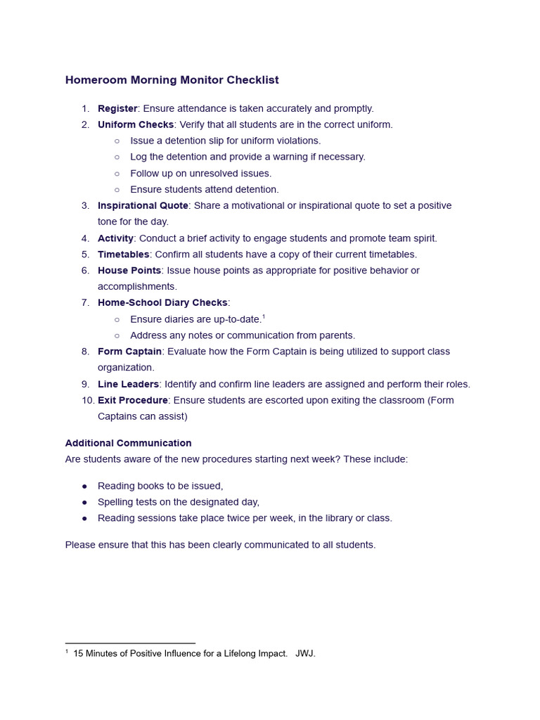 Homeroom Morning Monitor Checklist | PDF