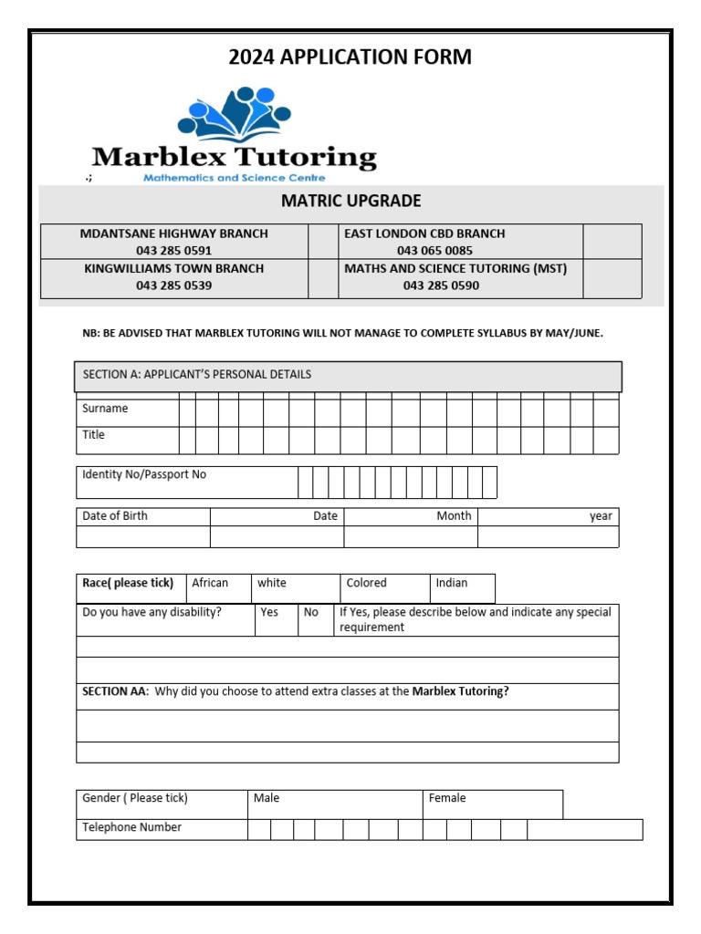 Marblex Tutoring 2024 Application Form | PDF | Fee