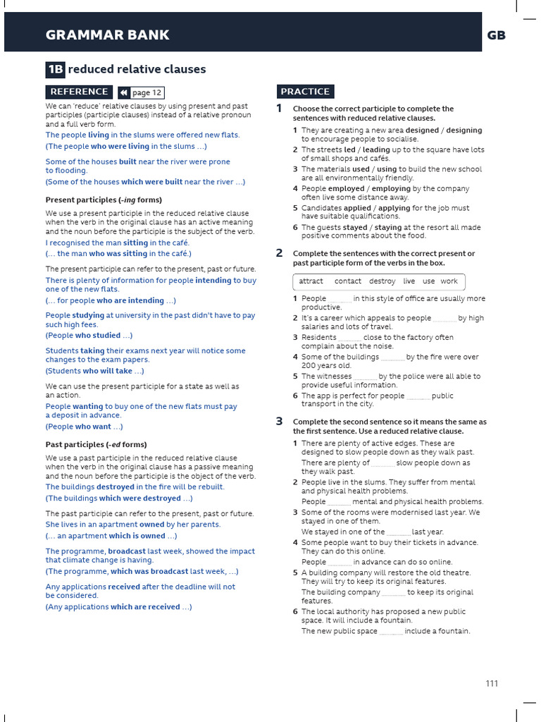 Reduced Relative Clauses - Grammar Bank page 111 ST's | PDF | Verb | Clause