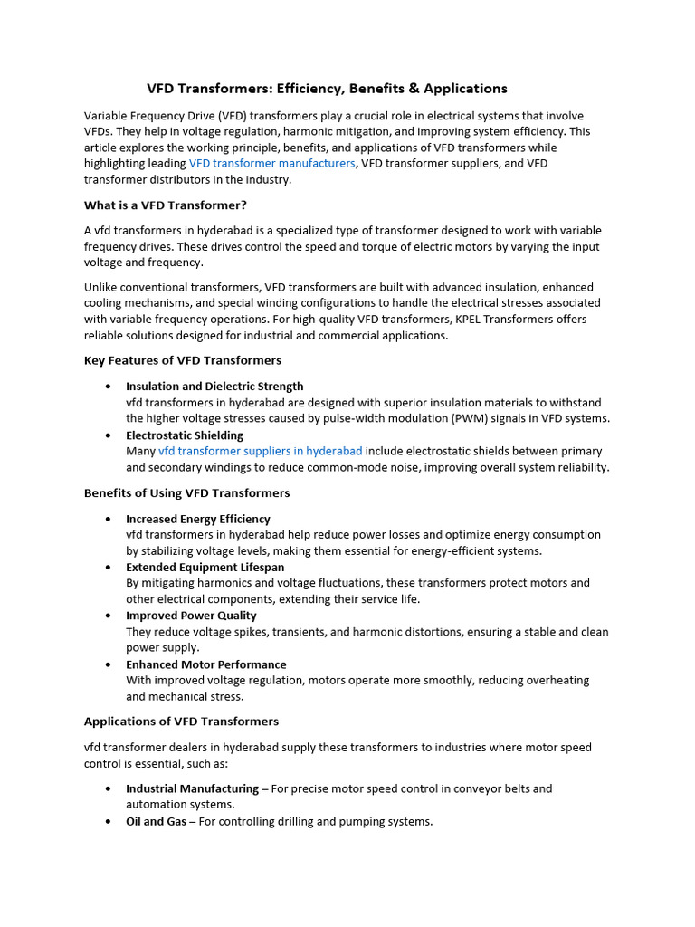 VFD Transformers: Efficiency & Applications | PDF | Transformer | Electric Motor