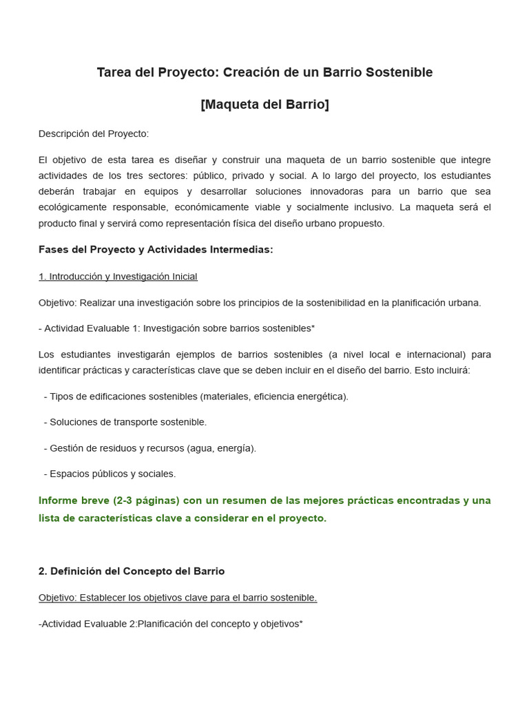 Tarea Del Proyecto Creación De Un Barrio Sostenible Pdf