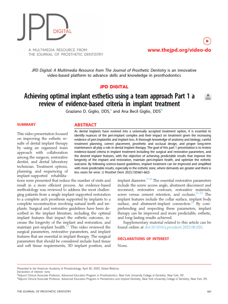 Achieving Optimal Implant Esthetics Using A Team A | PDF | Dental Implant | Periodontology