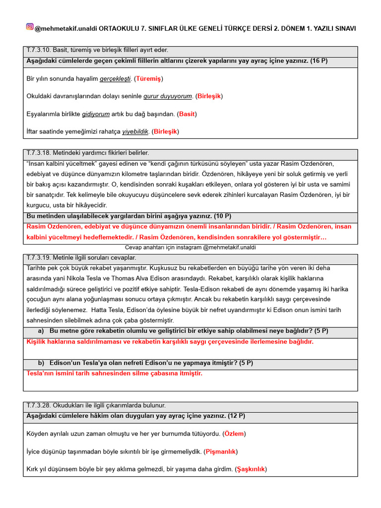 SINIF ULKE GENELI 2. DONEM 1. YAZILI CEVAP ANAHTARI Mehmetakifunaldi | PDF