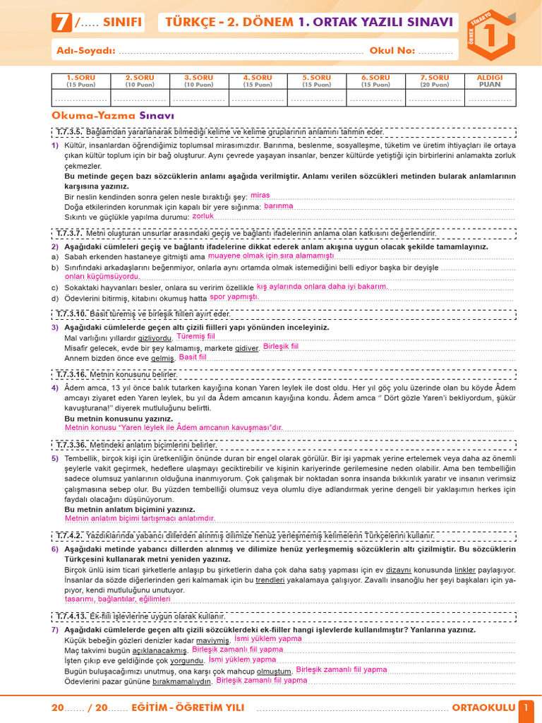 Sinif Turkce 2. Donem 1. Acik Uclu Yazili Cevap Mustafa Aygun | PDF