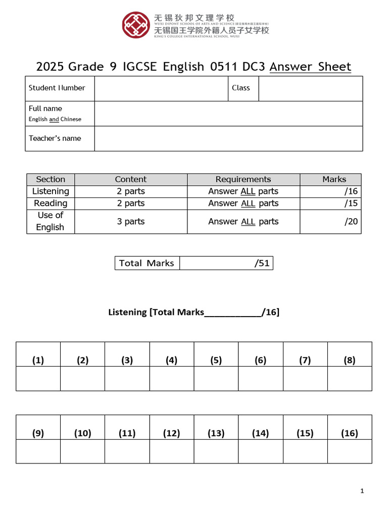 2025 IGCSE English 0511 Answer Sheet | PDF
