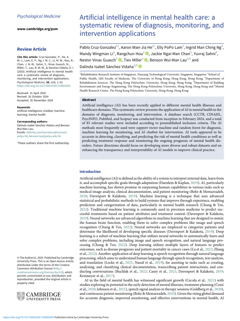 Artificial Intelligence in Mental Health Care A Systematic Review of Diagnosis Monitoring and ...