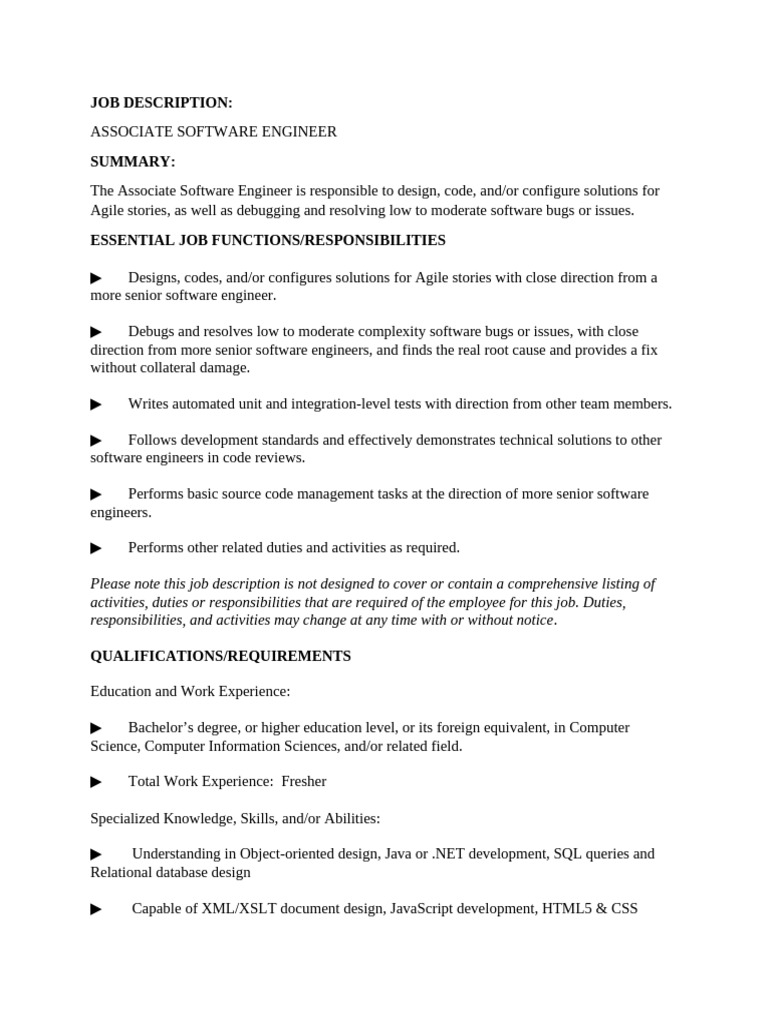 Associate Software Engineer Job Description | PDF