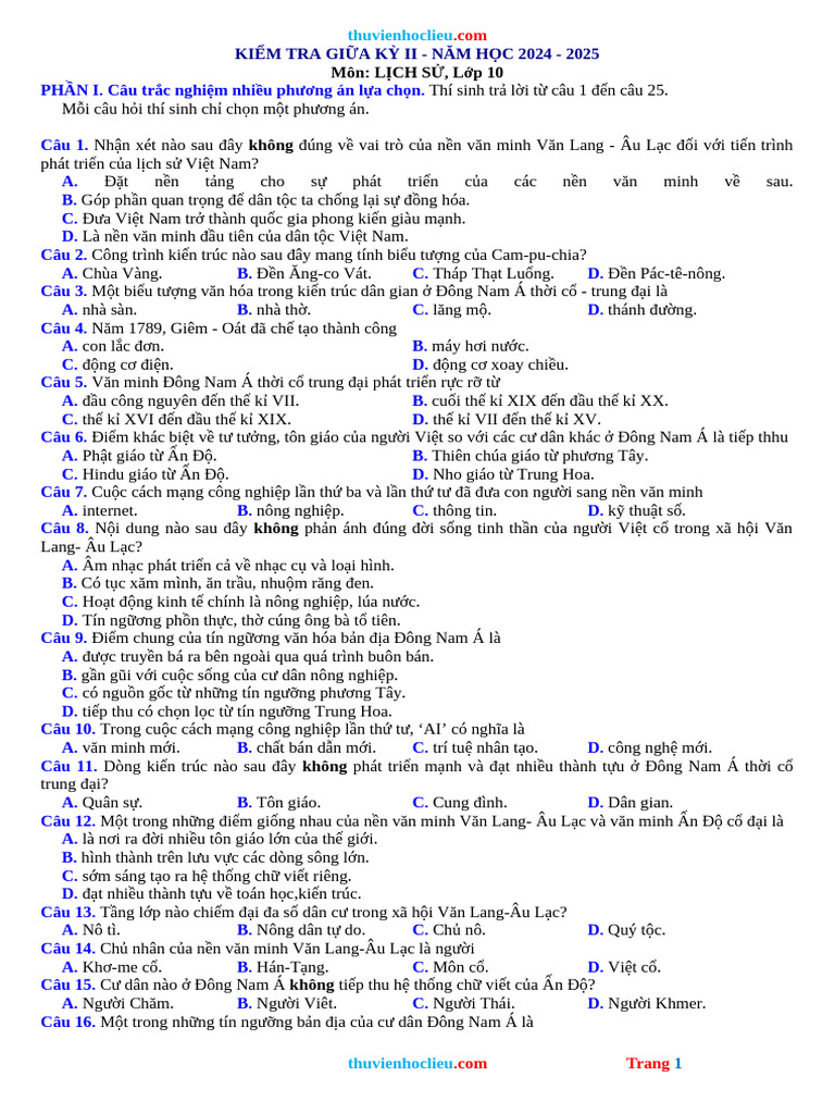 De Kiem Tra Giua HK2 Lich Su 10 Canh Dieu Nam 24 25 | PDF