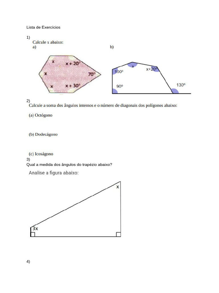 Lista de Exercícios Poligonos - Ângulos Internos | PDF