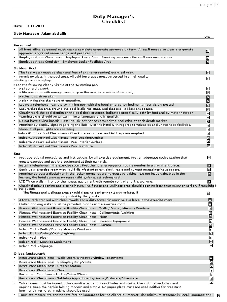 Duty Manager Checklist 02.09.2013 | PDF | Bathroom | Public Toilet