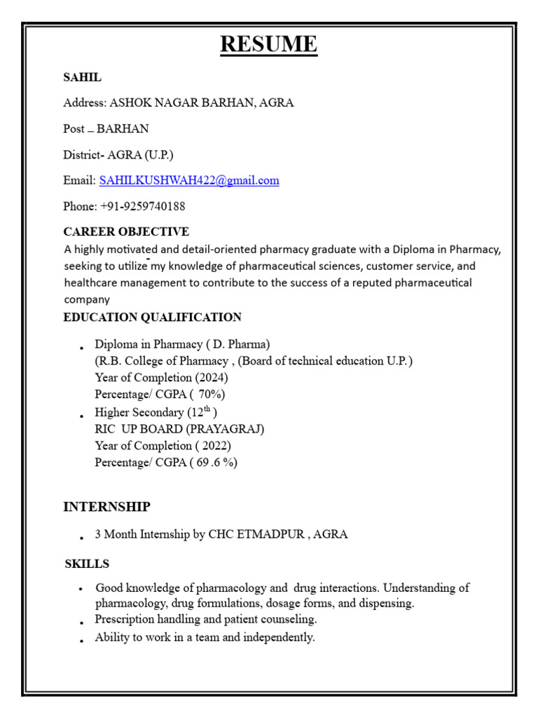 Pharmacy Graduate Resume - Sahil | PDF