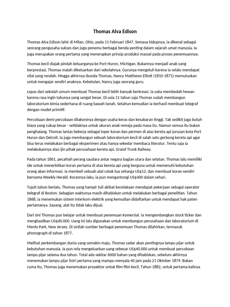 Tugas B.Indo - Biografi Penemu Lampu Pijar (Thomas Alva Edison) | PDF