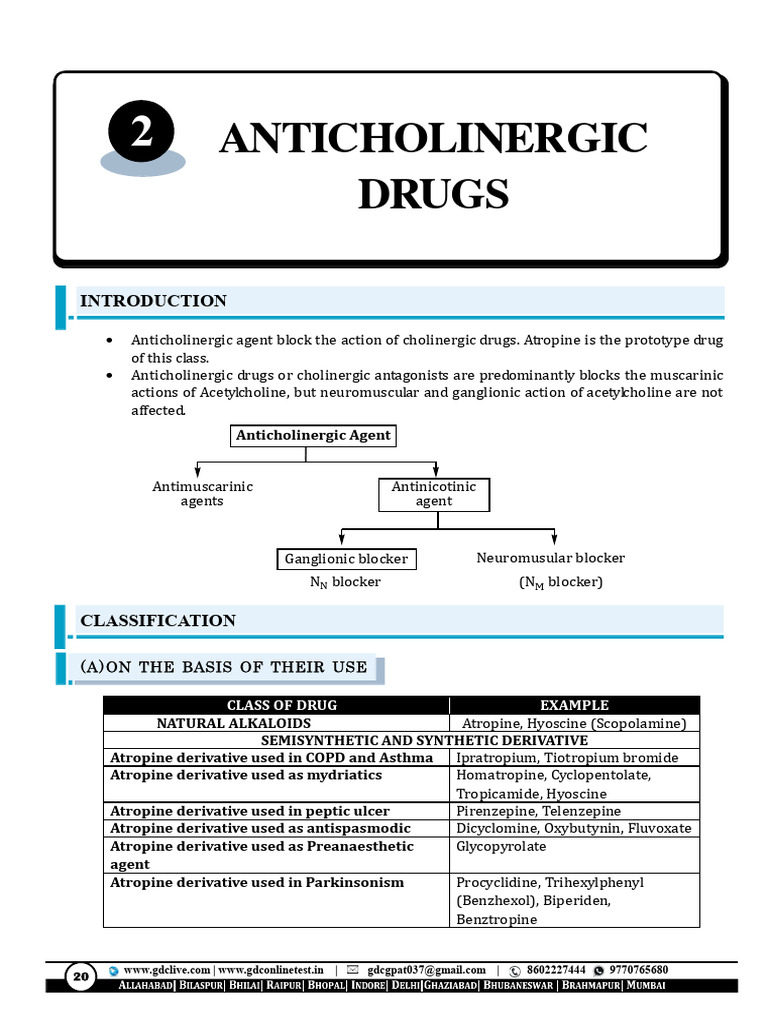 Anticholinergic Drugs | PDF | Acetylcholine | Drugs Acting On The ...