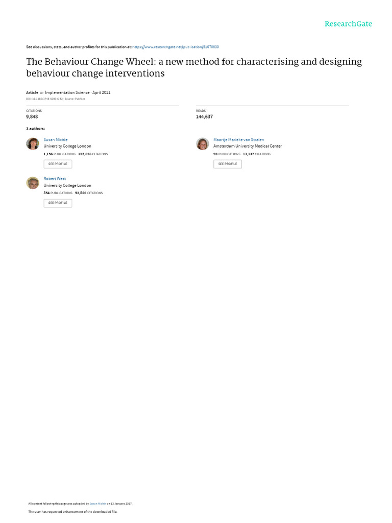 The Behaviour Change Wheel: A New Method For Characterising and ...