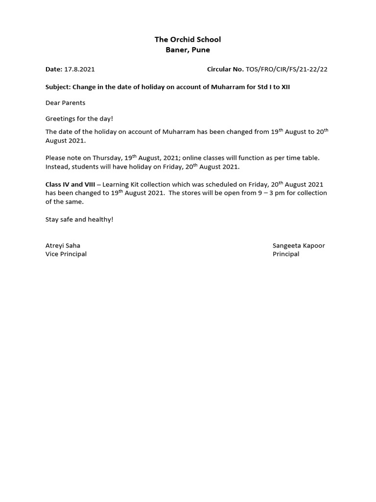 Muharram Holiday Date Change Notice | PDF