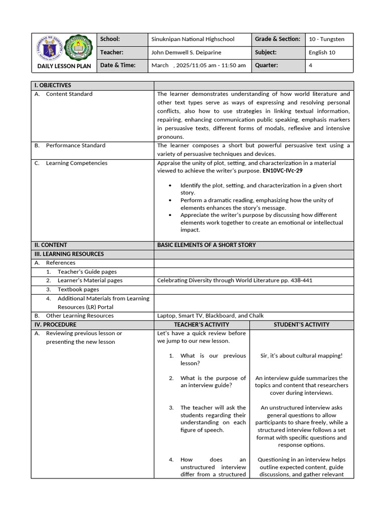 ENG10 ElementsOfShortStory-1 | PDF | Plot (Narrative) | Learning