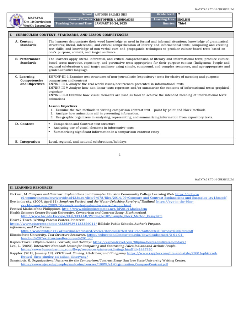 DLL Matatag - English 7 Q3 W3 | PDF | Human Communication