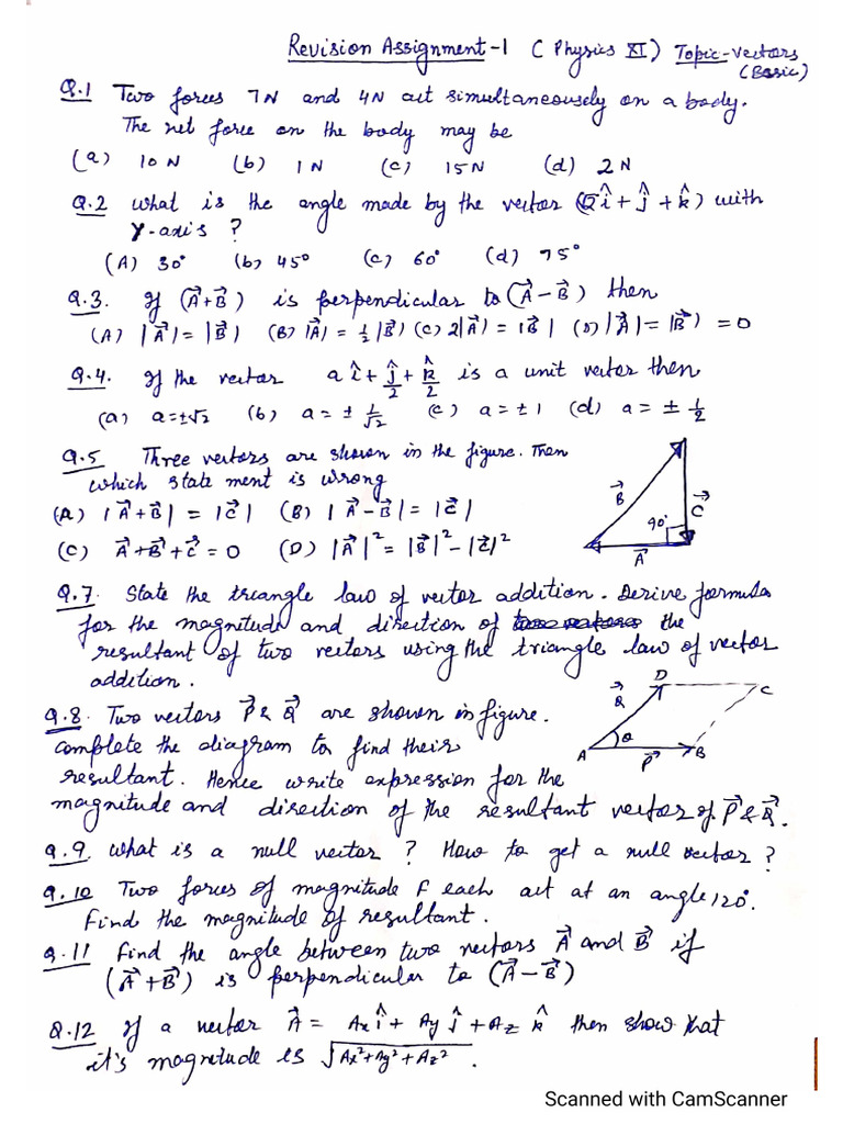 Revision Assignment 1 ( Physics Xi) Vectors - 1 | PDF