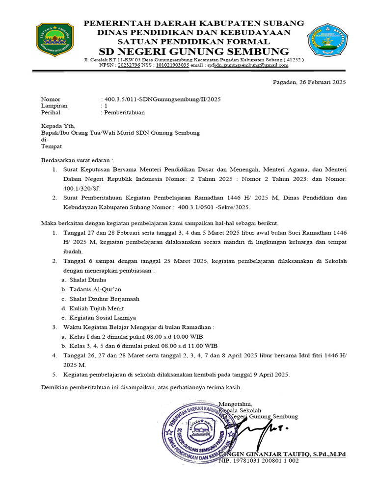 Pemberitahuan Libur Ramadhan SDN Gunung Sembung | PDF