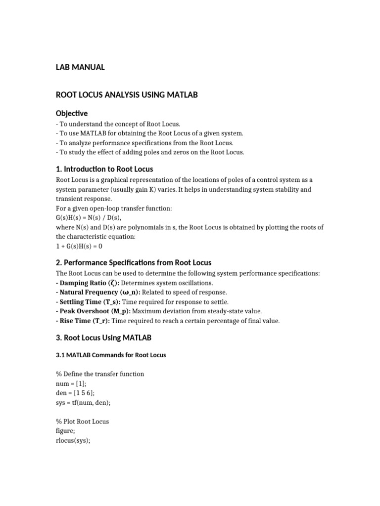Lab Manual Root Locus Analysis Using Matlab: Objective | PDF | Applied Mathematics | Mechanics